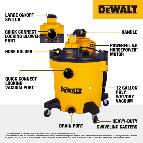 Dewalt 12 Gallon 5.5 Peak HP Wet/Dry Vac with Detachable Blower, Filte ...
